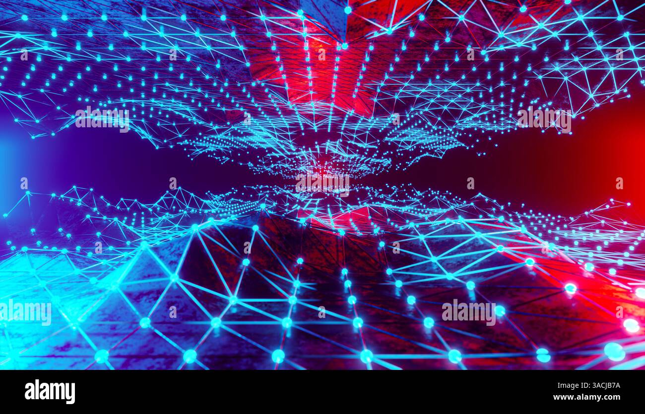 Futuristic digital landscape with glowing blue and red dots forming a dynamic mesh network in ...