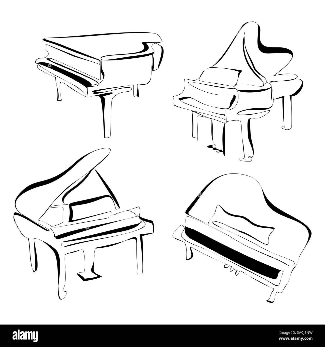Piano continuous one line vector drawing set. Pianoforte hand drawn ...