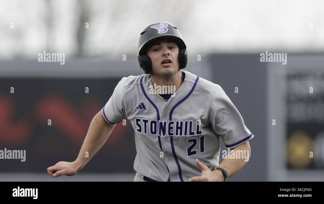 Stonehill's Grayson Sparr during an NCAA baseball game against Wagner ...