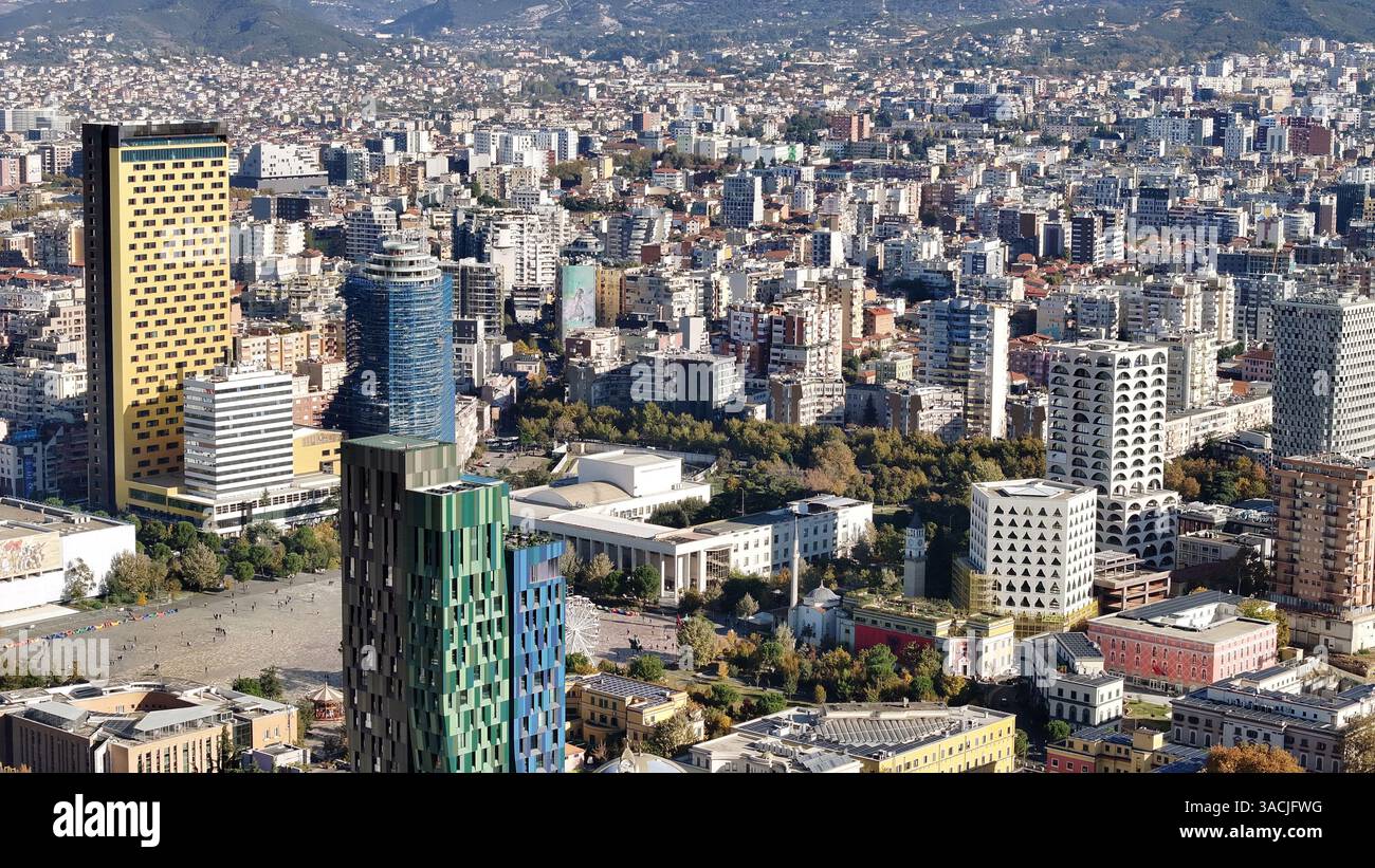 Aerial view of Tirana’s city center on a sunny day, showcasing ...