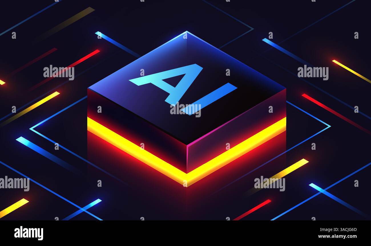 Brightly glowing glass AI chip on circuit board. Technology background ...