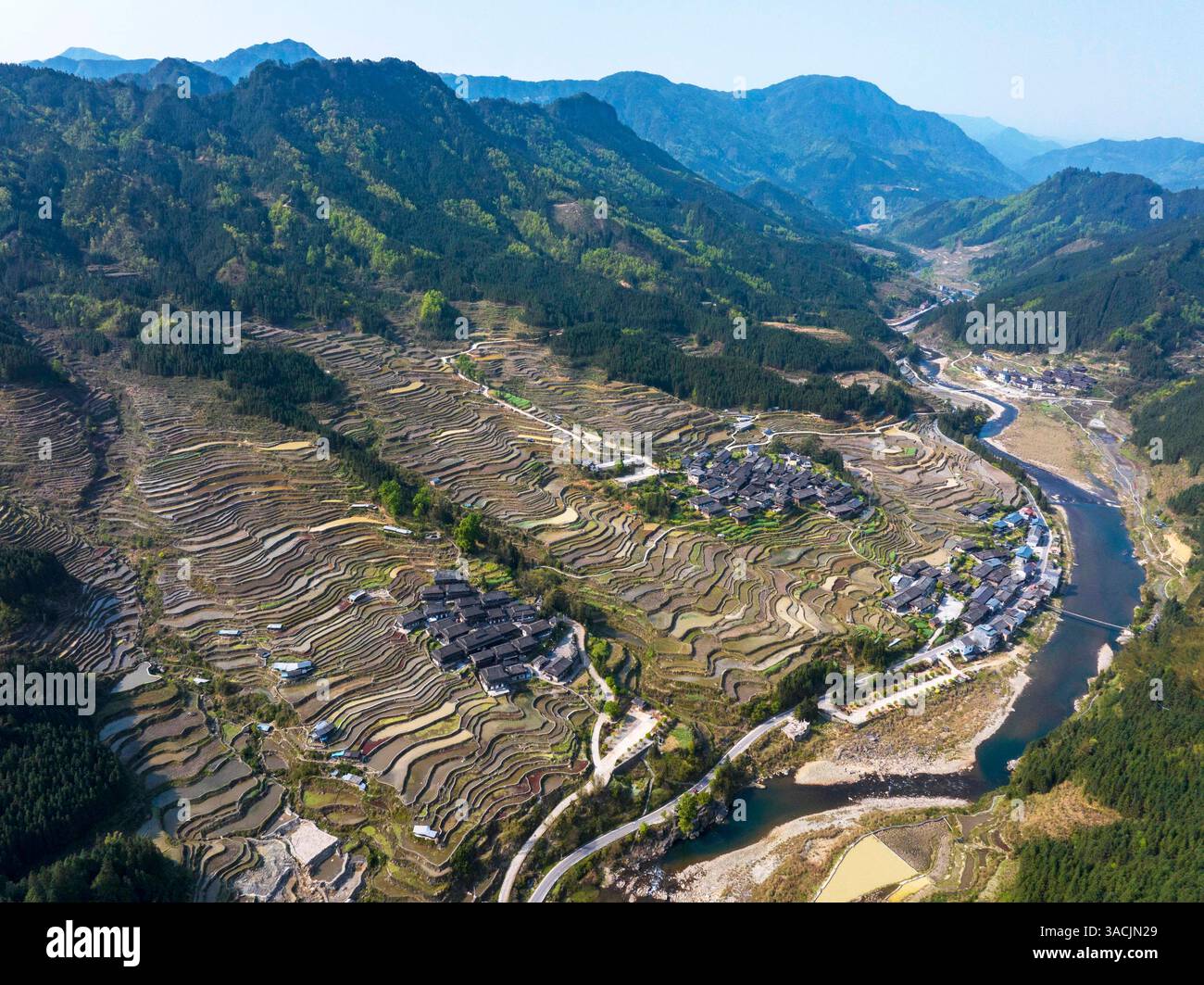 CONGJIANG, CHINA - APRIL 3, 2025 - Aerial photo shows rice terraces in ...
