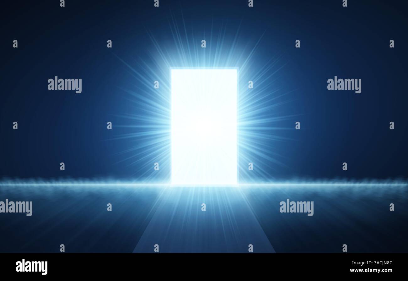 Open door with abstract light on blue background. Digital gateway ...