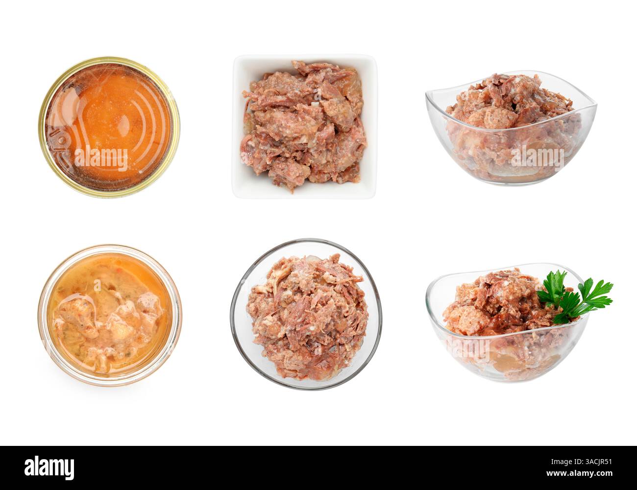 Different canned meat in tin cans and bowls isolated on white, set ...