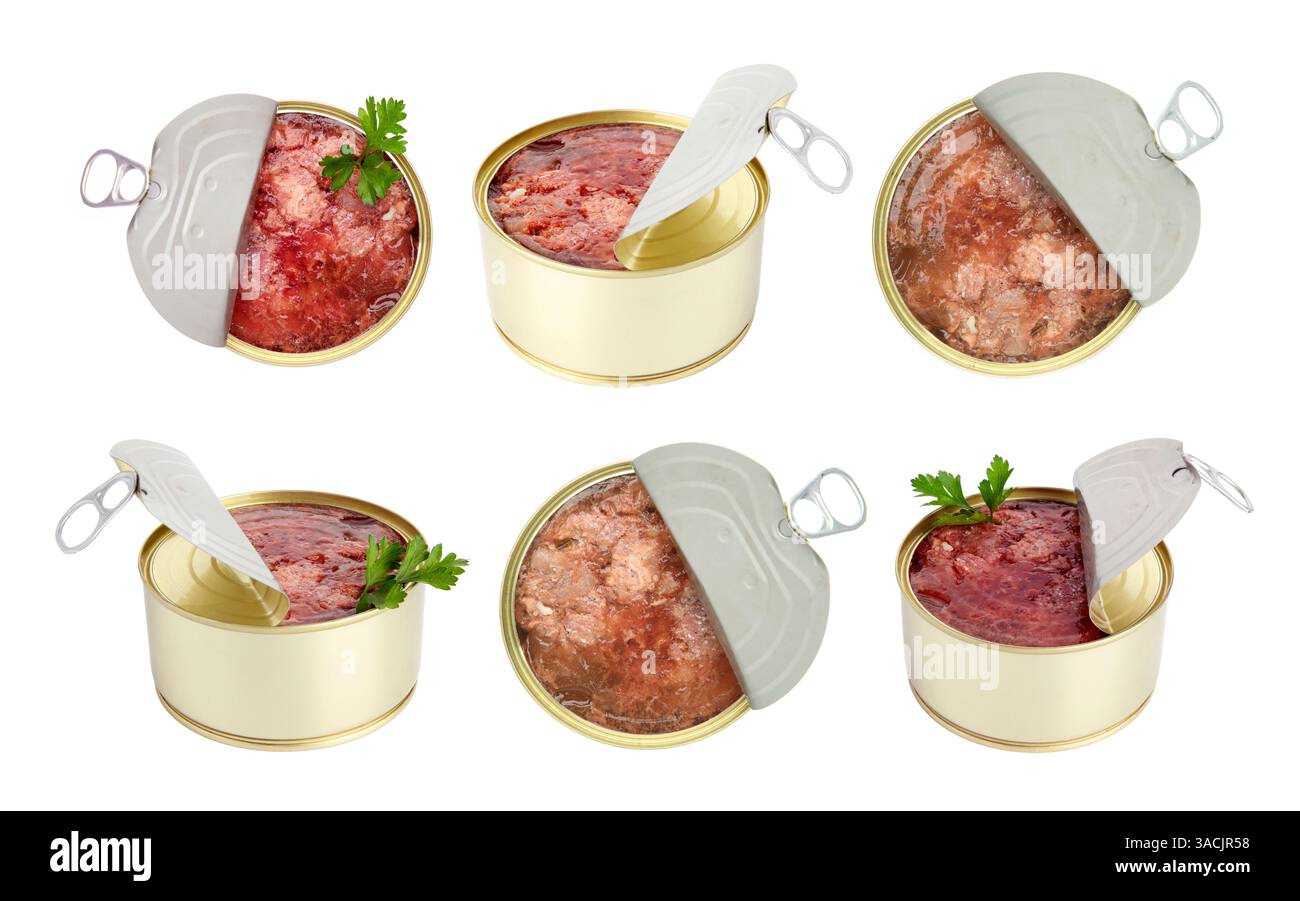 Different canned meat in tin cans isolated on white, set Stock Photo ...