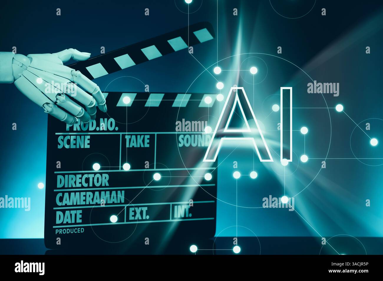 Artificial intelligence. Robot hand with clapper against dark blue ...