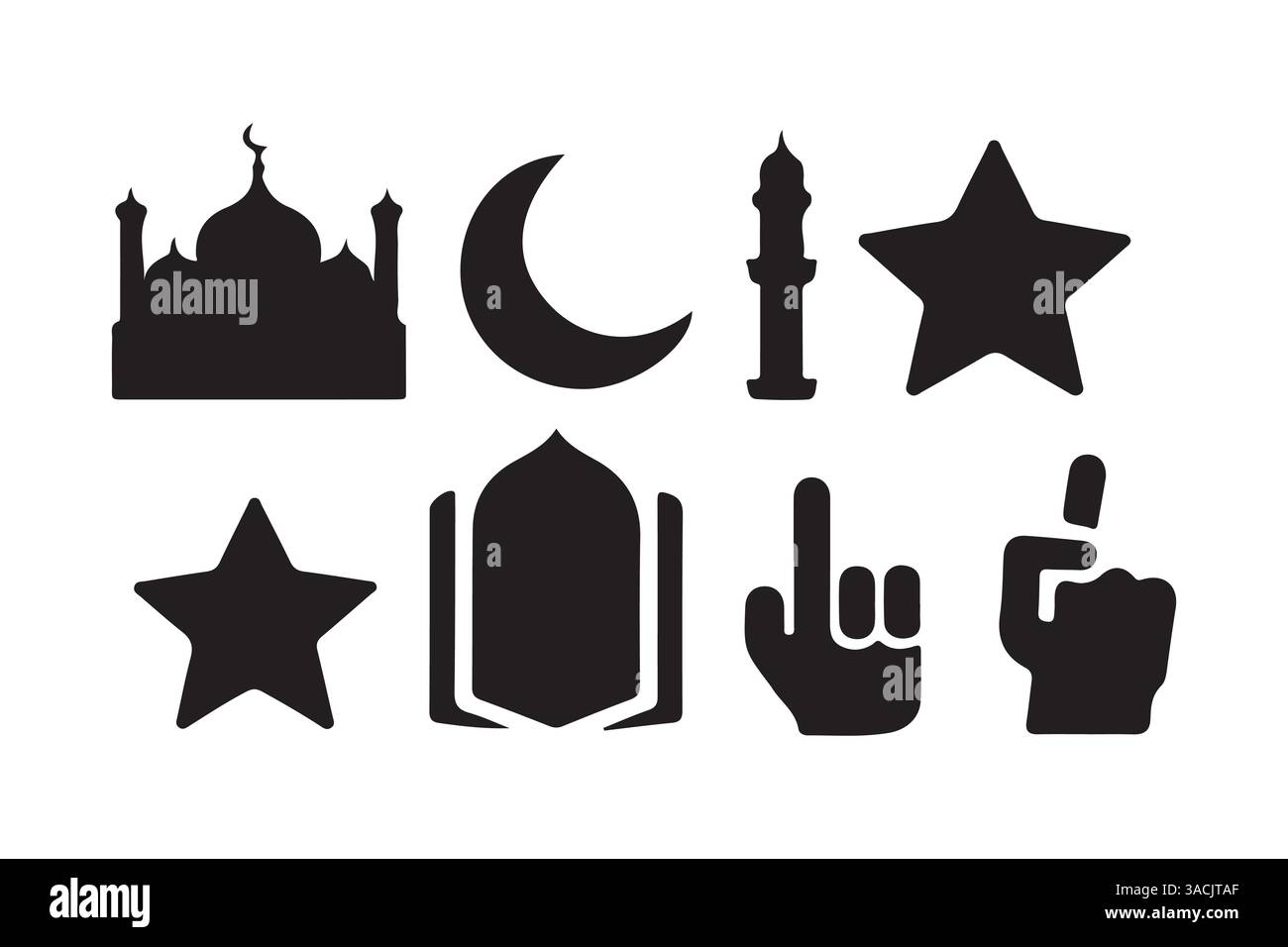 Simple Black Silhouette Icons of Islamic Symbols and Gestures Stock ...