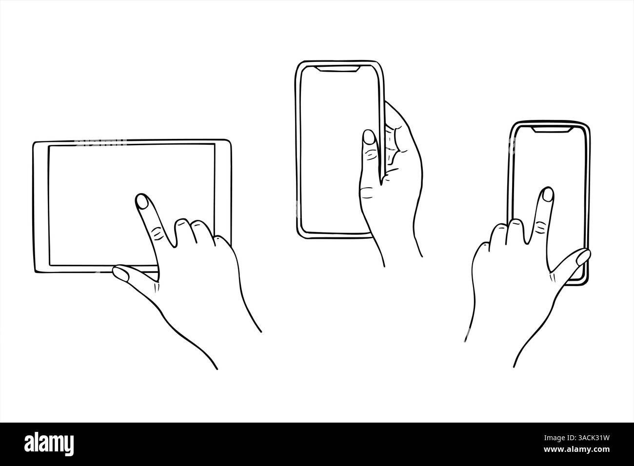 Vector finger touching, scrolling or click on screen of smartphone, tablet and hand holding ...