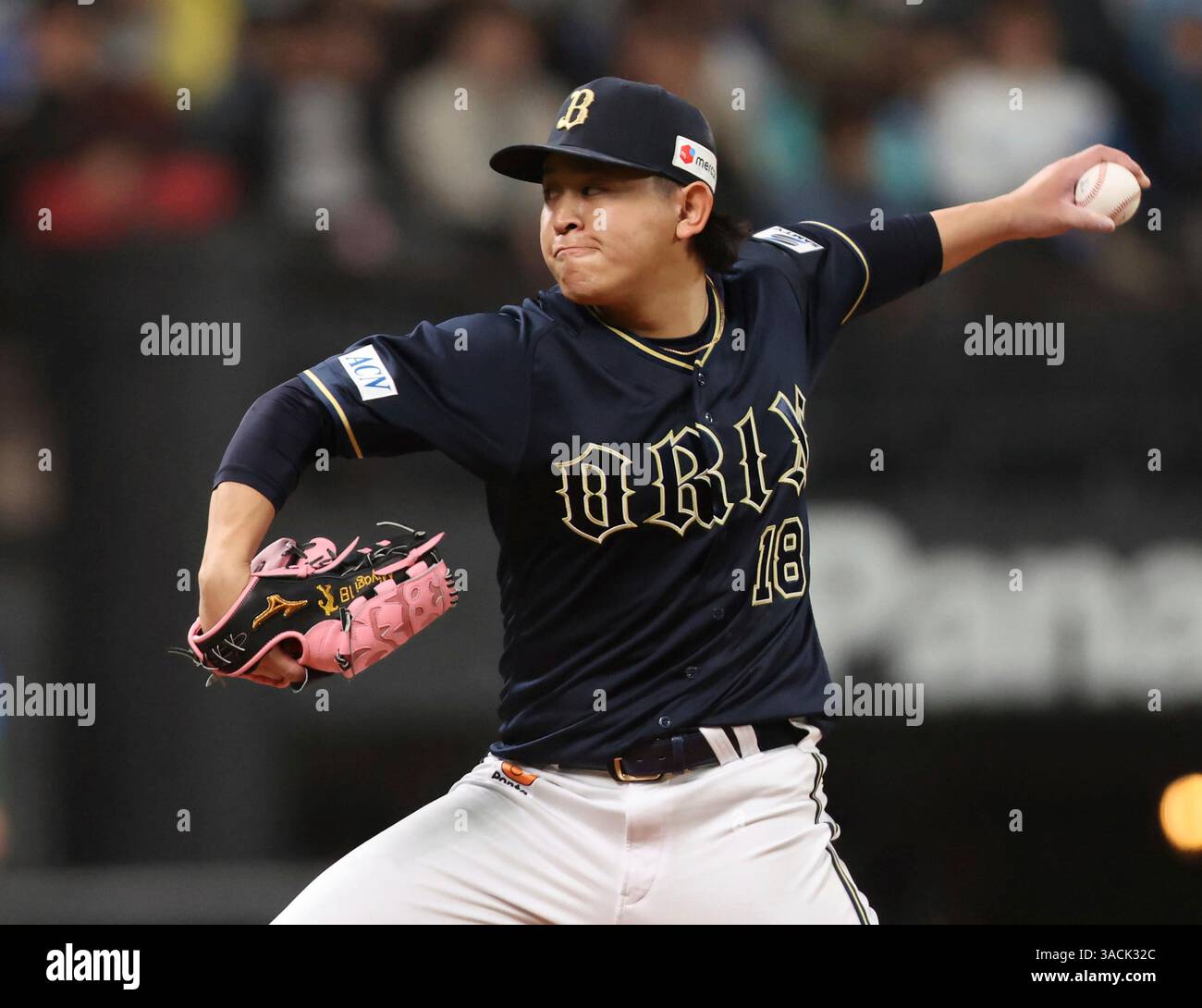 Orix Buffaloes starting pitcher Hiroya MIYAGI pitches during a game ...