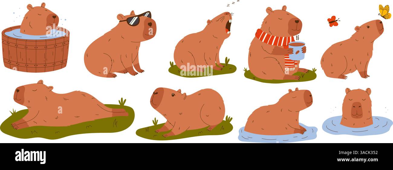 Cute capybaras in various poses. Set of rodent characters swimming in ...
