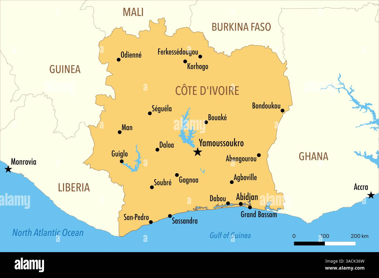 Map of Ivory Coast (Côte d'Ivoire) with Major Cities and Neighboring ...