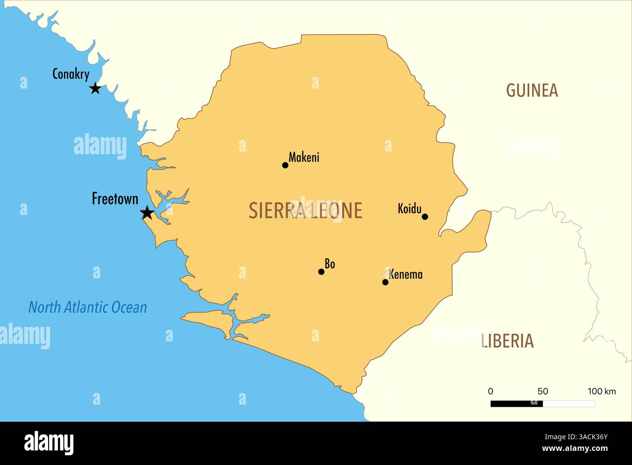 Map of Sierra Leone with Major Cities and Neighboring Countries Stock ...