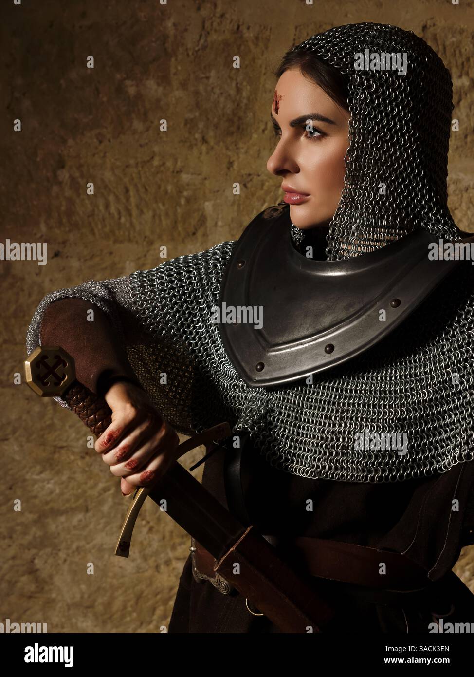 Reenactment scene of a female medieval knight in armor depicting the ...