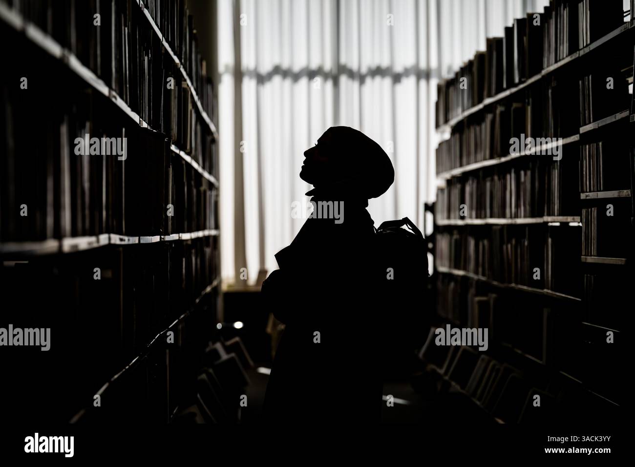04 April 2025, Berlin: A woman stands between shelves in the America ...