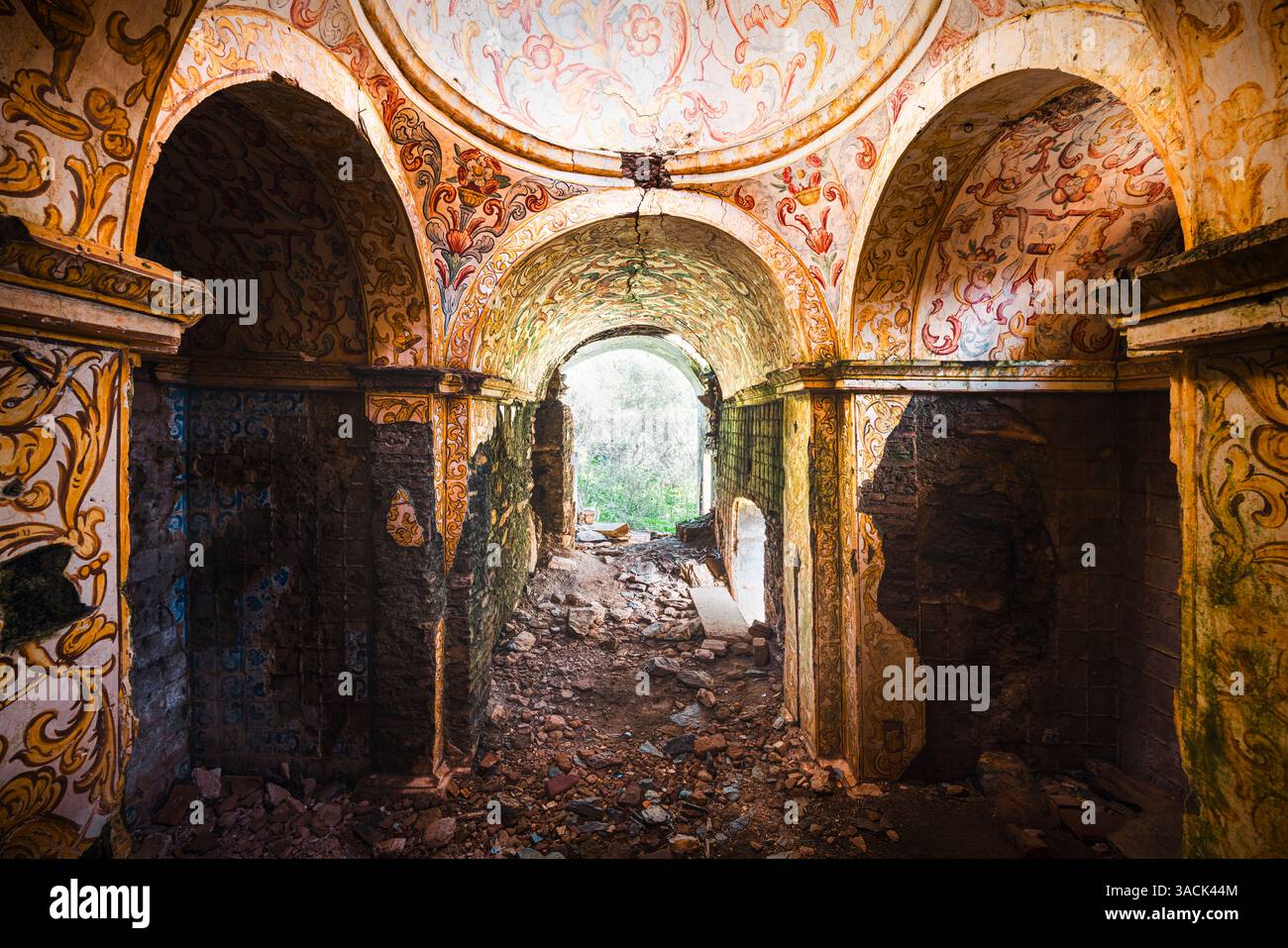 Decaying interior of an abandoned building with peeling paint and ...