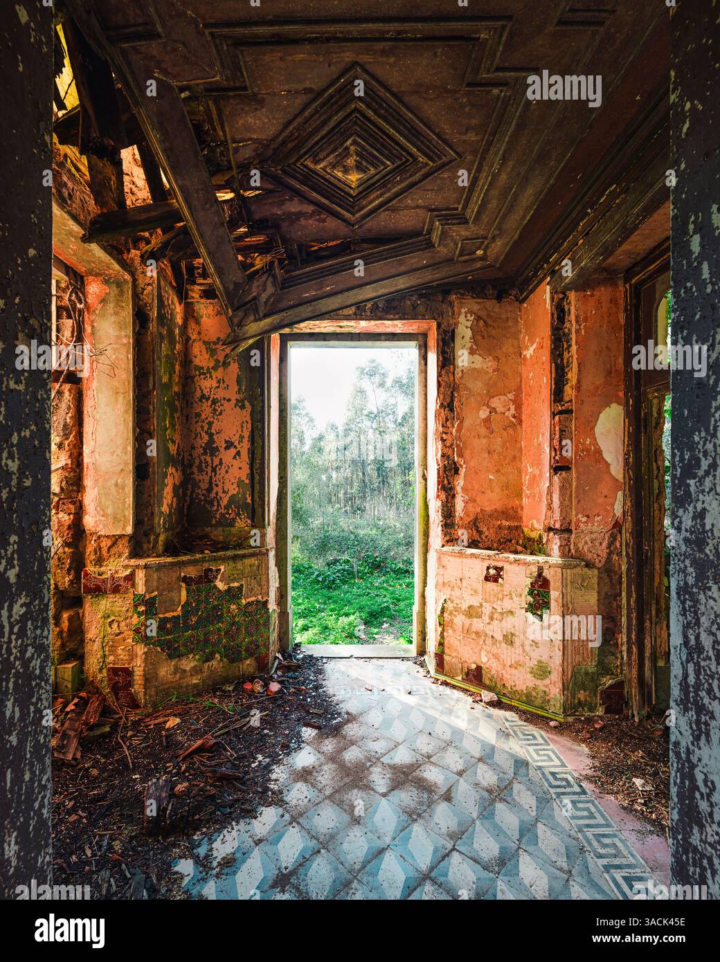 Decaying interior of an abandoned building with peeling paint and ...