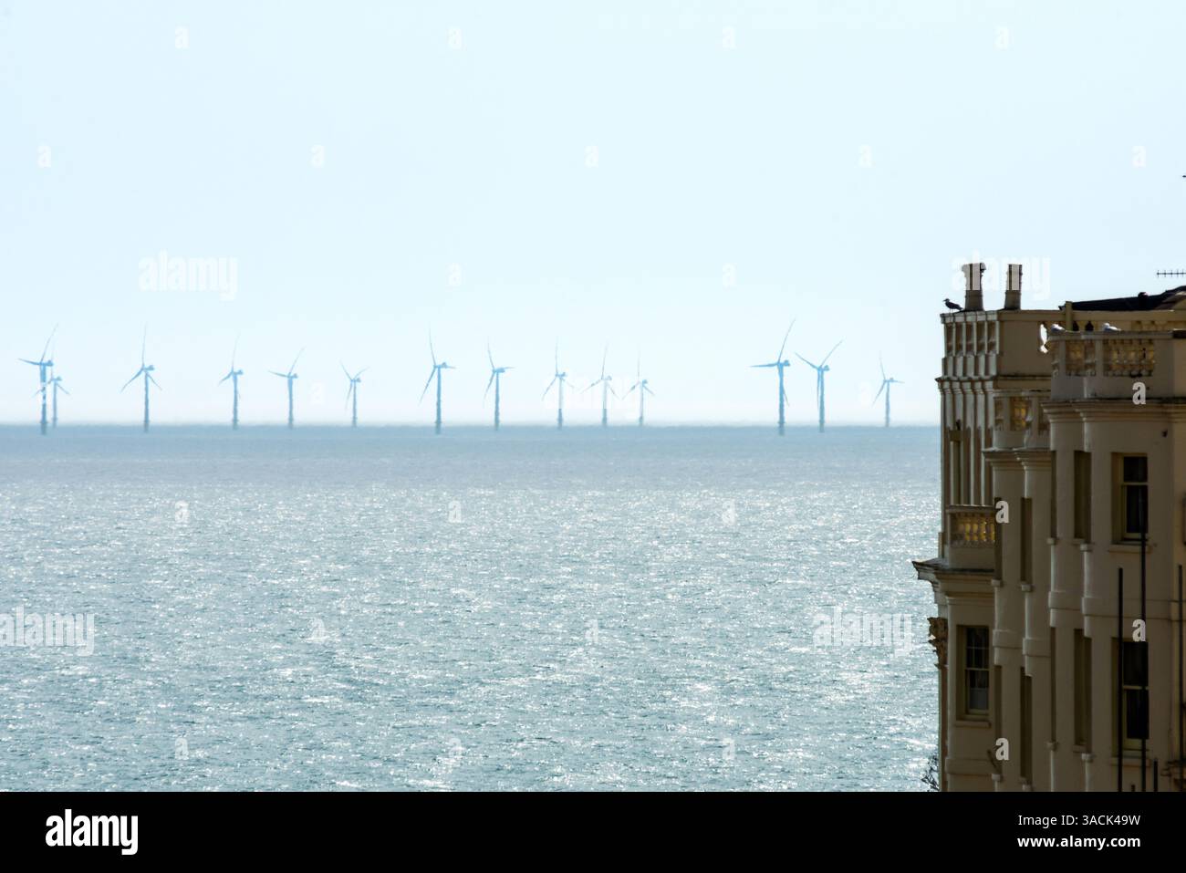 Brighton, April 4th 2025: The Rampion Wind Farm seen off the coast at ...