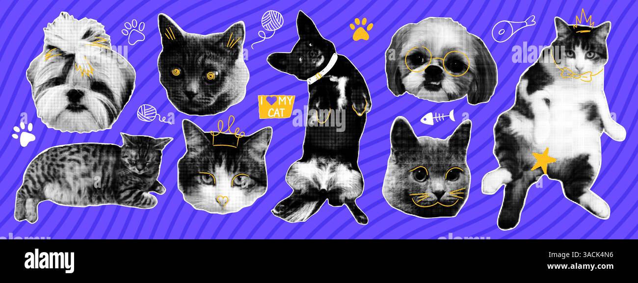 Retro punk halftone collage. Cat and dog set with naive doodle elements ...