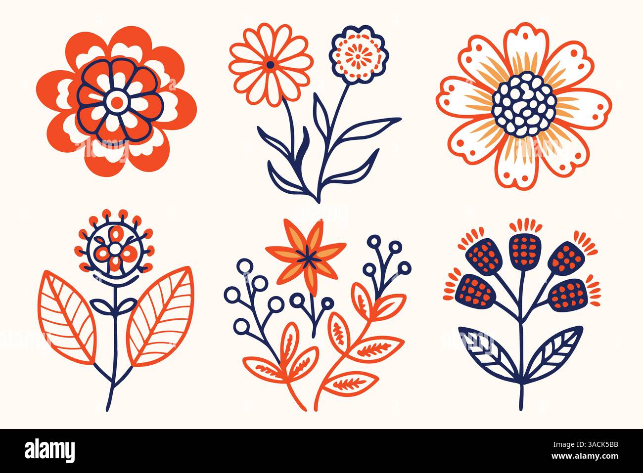 A collection of six stylized floral illustrations in orange and blue on ...