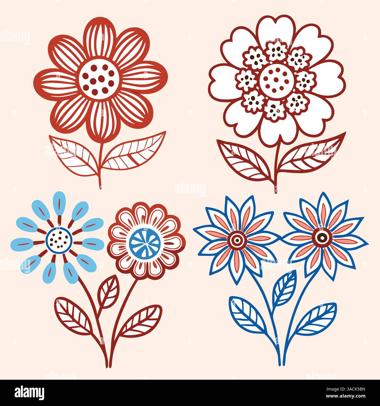 A collection set of four stylized flower illustrations in two color ...