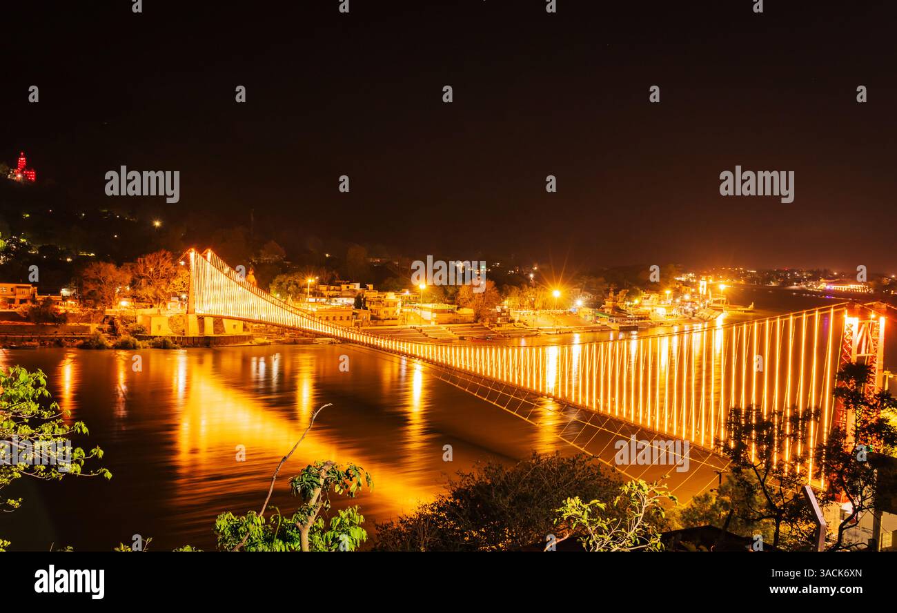 Ram Jhula Bridge Illuminated at Night in Rishikesh, India Stock Photo ...