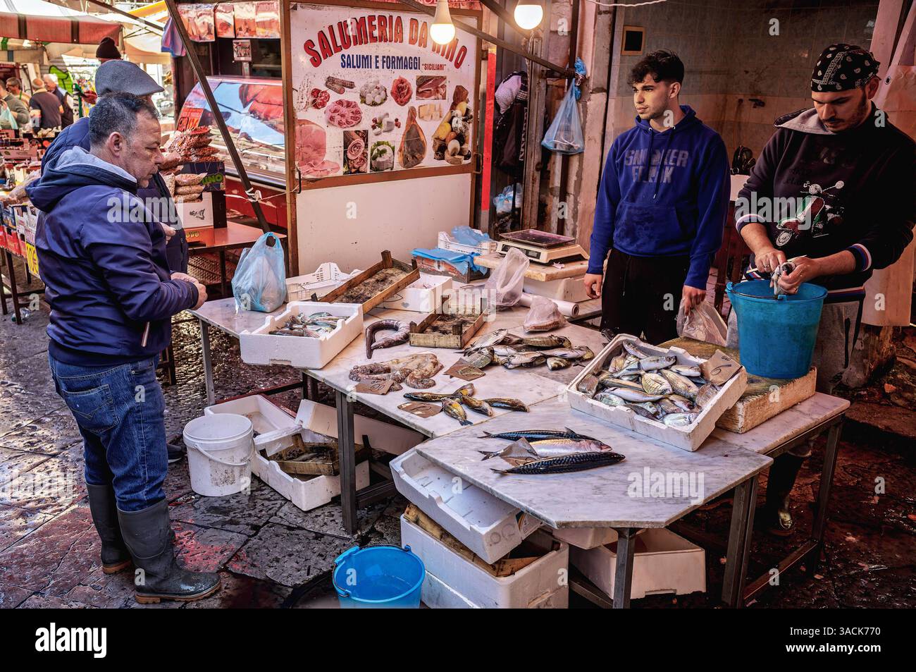 The Ballaro Market in Palermo PALERMO, ITALY APRIL 4: Fresh fish stall ...
