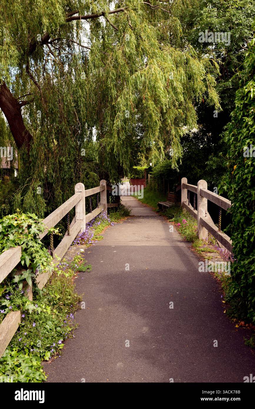 Modern fence-lined footpath over ancient packhorse bridge at Coombe ...