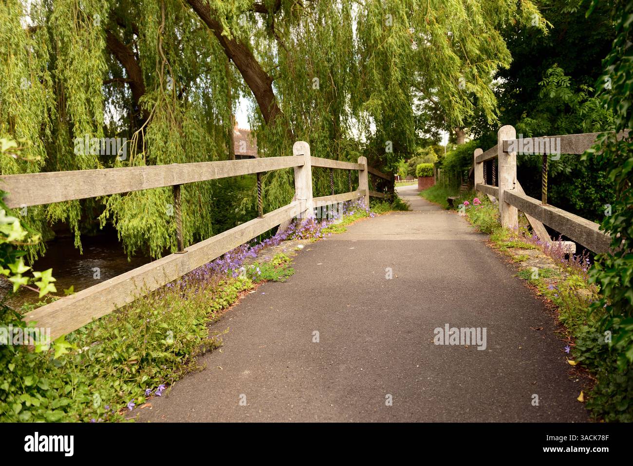 Modern fence-lined footpath over ancient packhorse bridge at Coombe ...
