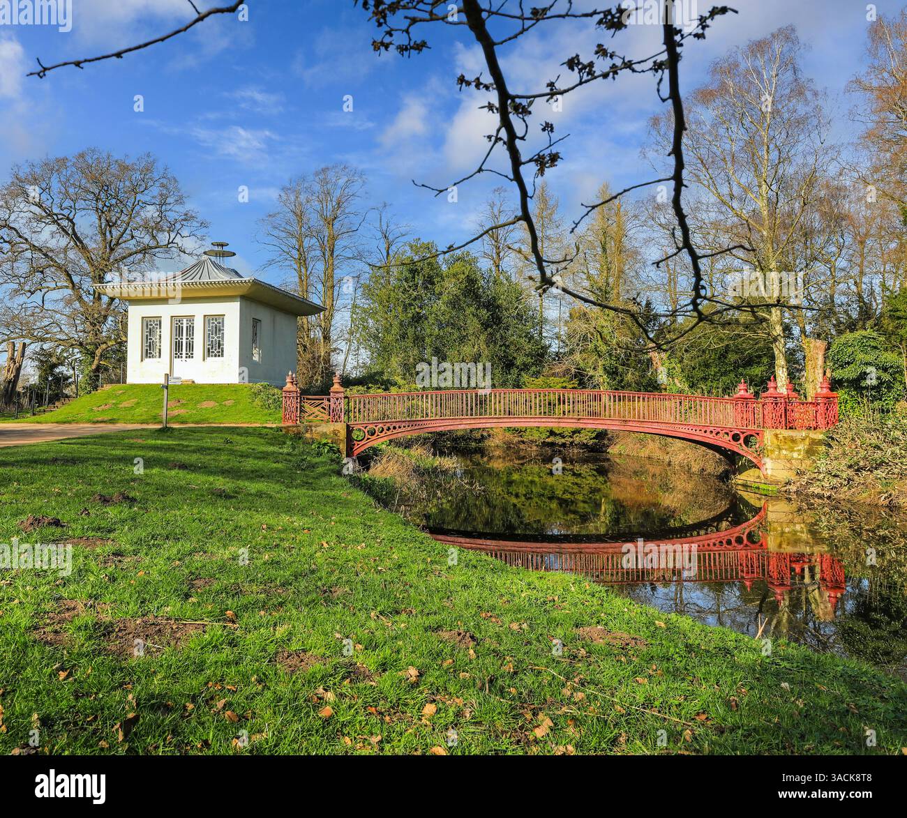 The Chinese House and the red cast iron footbridge at Shugbrough Hall ...