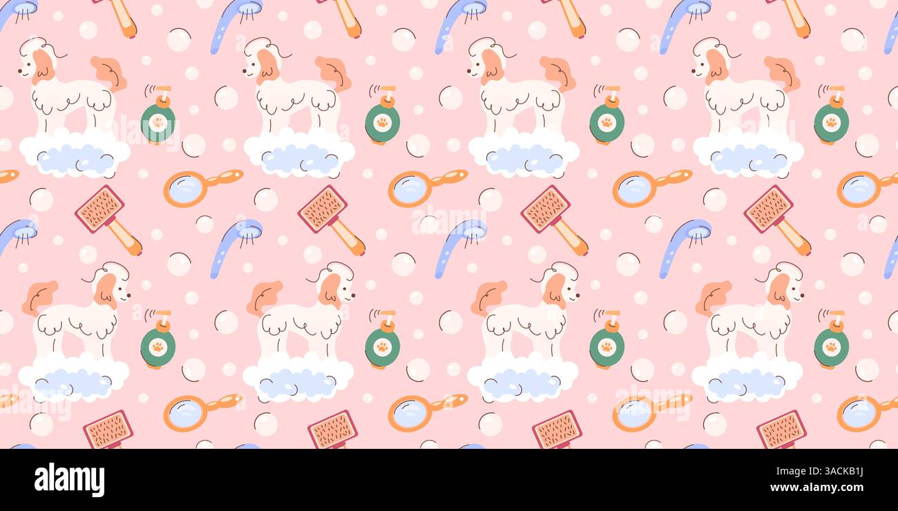 Cute seamless drawing with poodle dogs, foam, soap bubbles, pet beauty ...