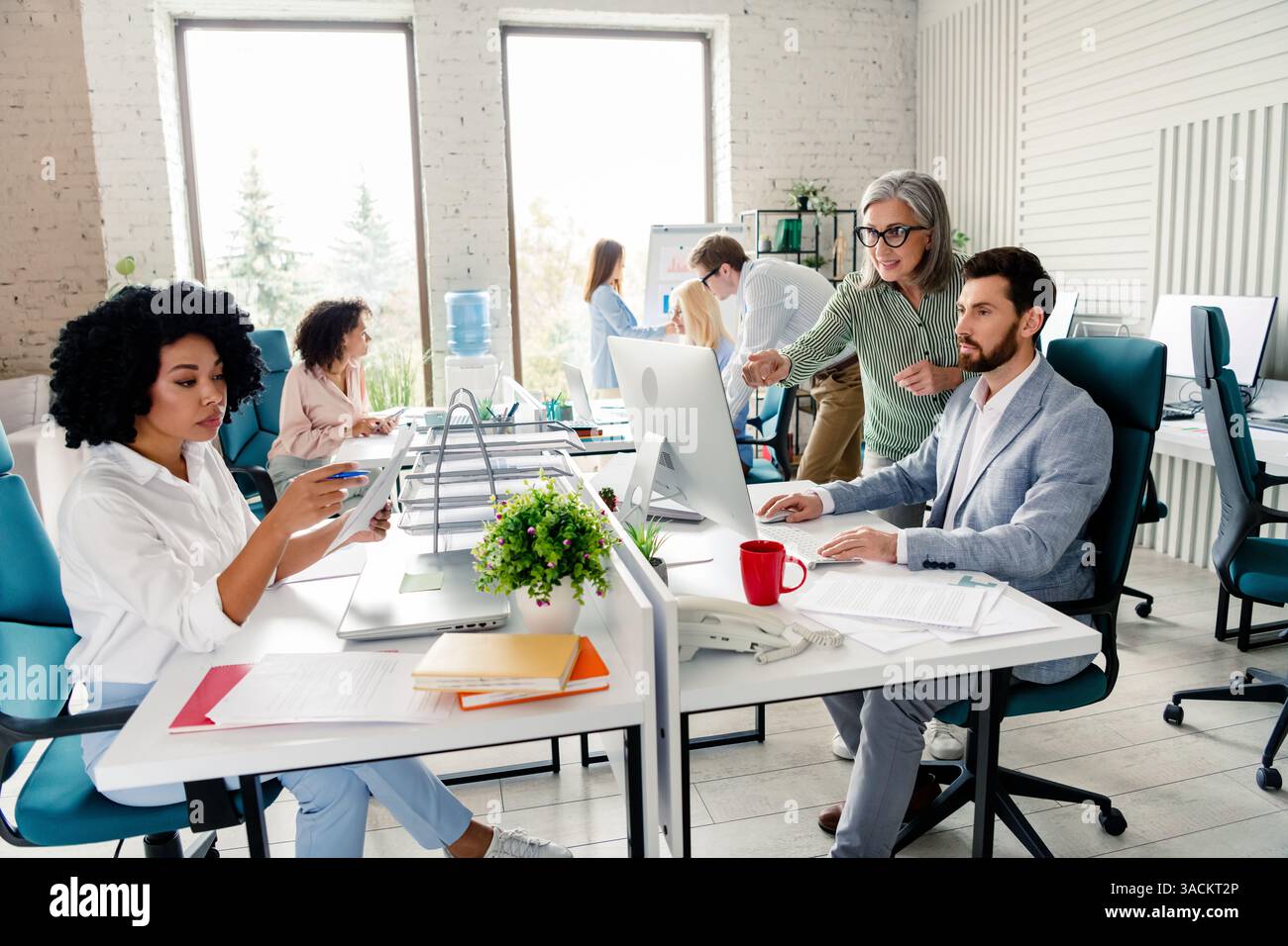 Collaborative team working in modern office interior with bright ...