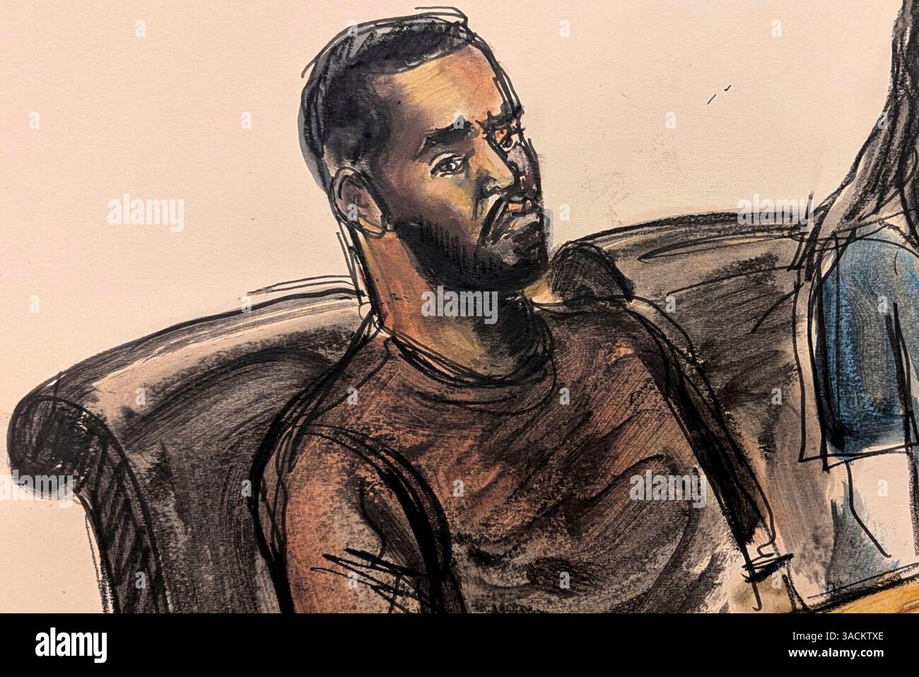 FILE - Depicted in this courtroom sketch, Sean "Diddy" Combs, sits at ...