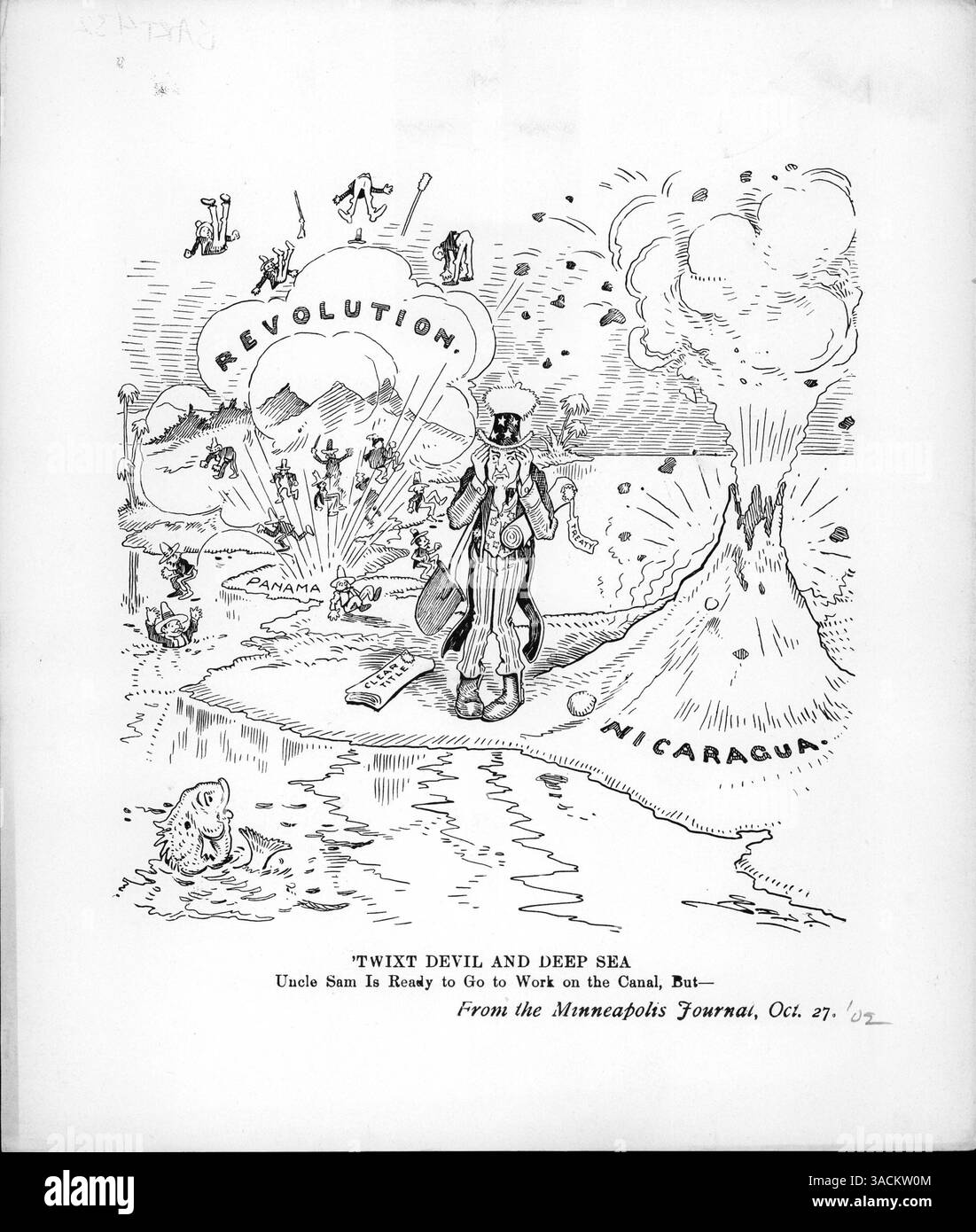 A 20th-century political cartoon featuring Uncle Sam caught between the ...