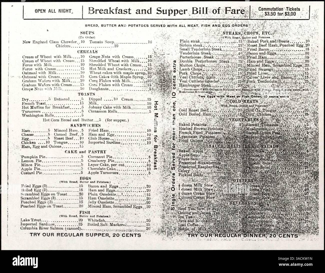 A photocopy of the Creamery Lunch Room menu, which includes a range of ...