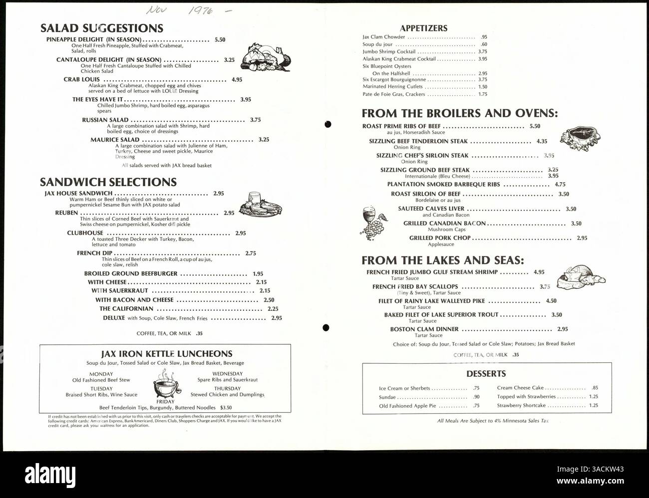 A menu insert from Jax of Golden Valley featuring illustrations and a ...
