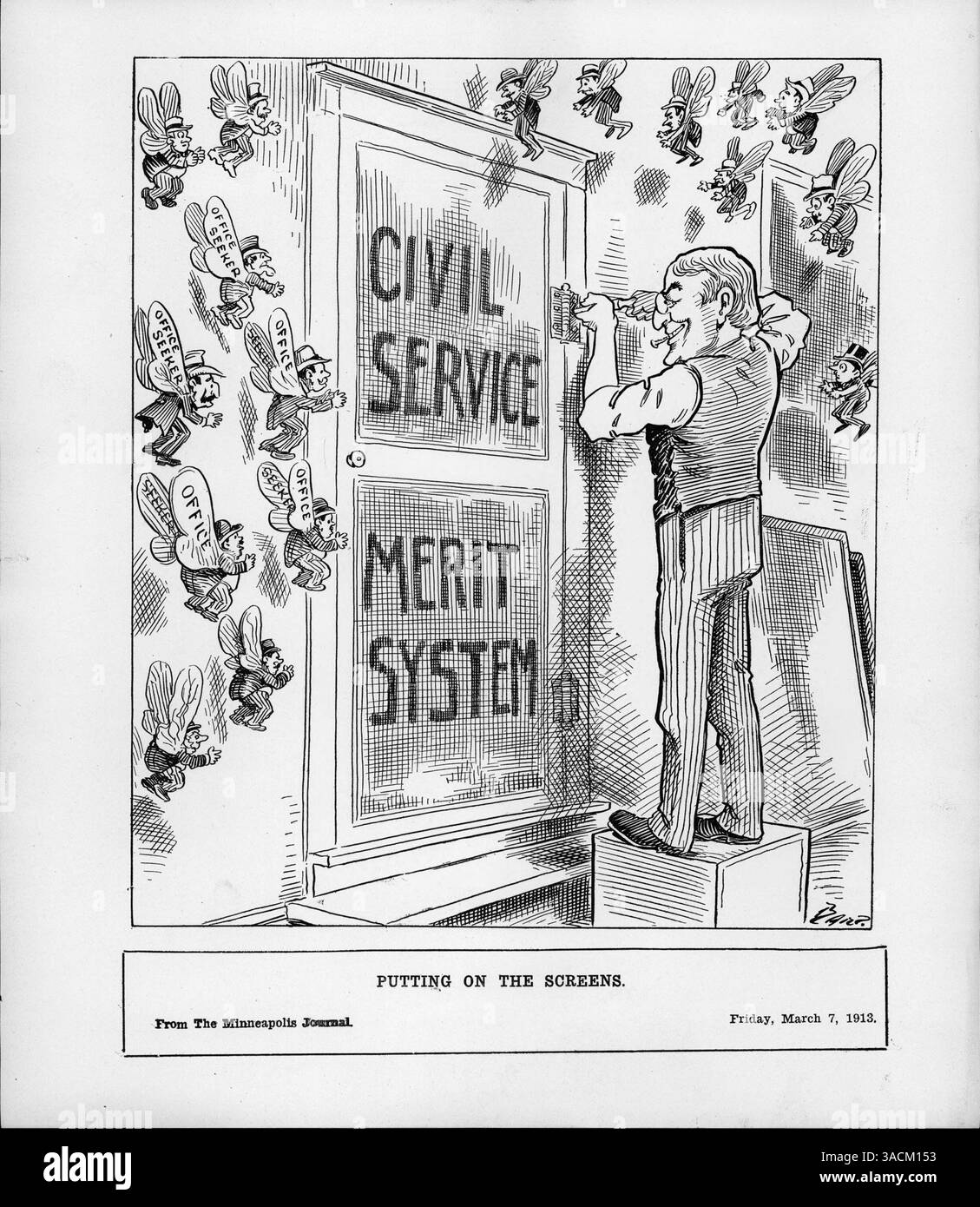 This 1914 political cartoon titled 'Putting On the Screens' depicts President Wilson attaching a ...