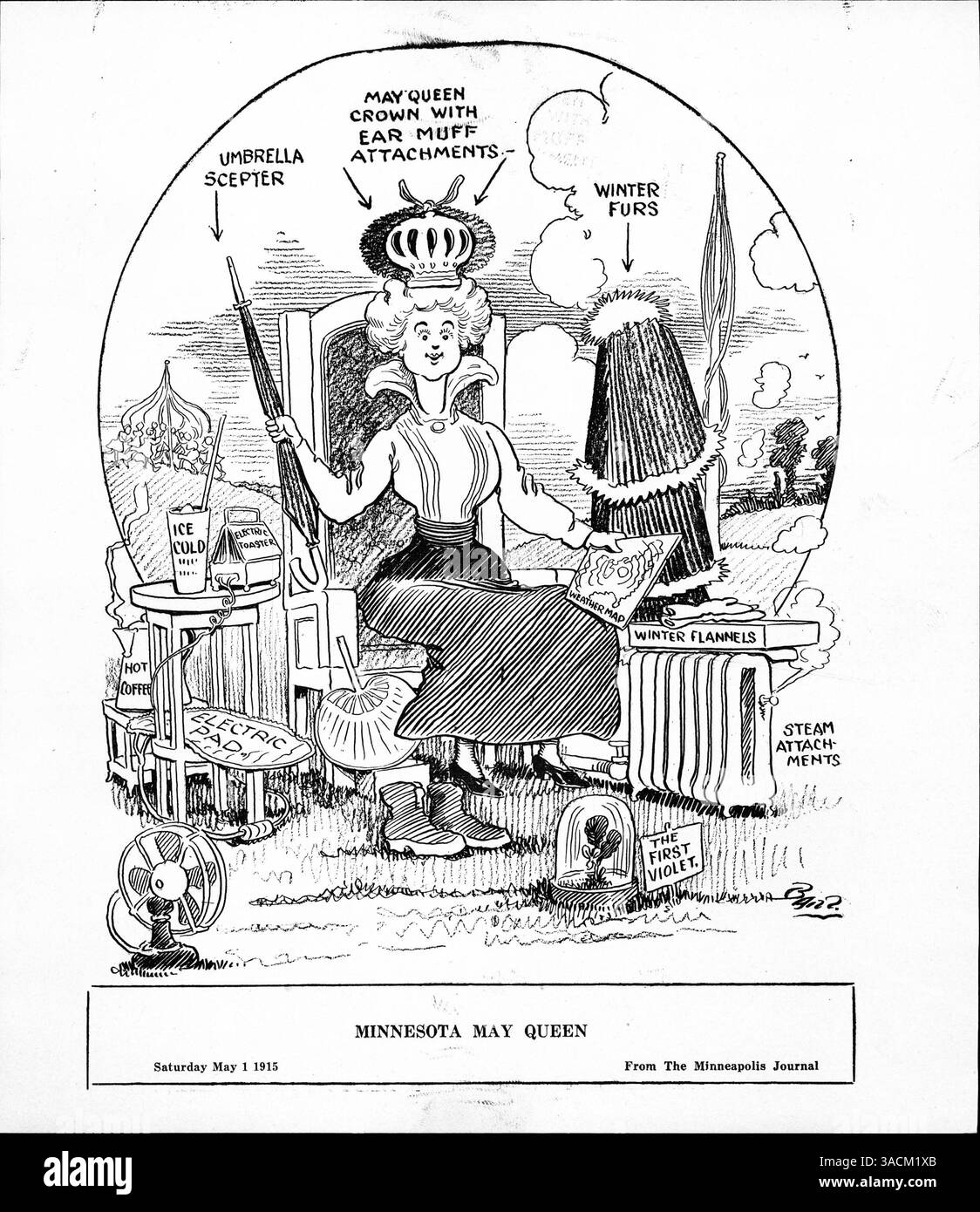 A woman crowned as the Minnesota May Queen, seated with a weather map ...
