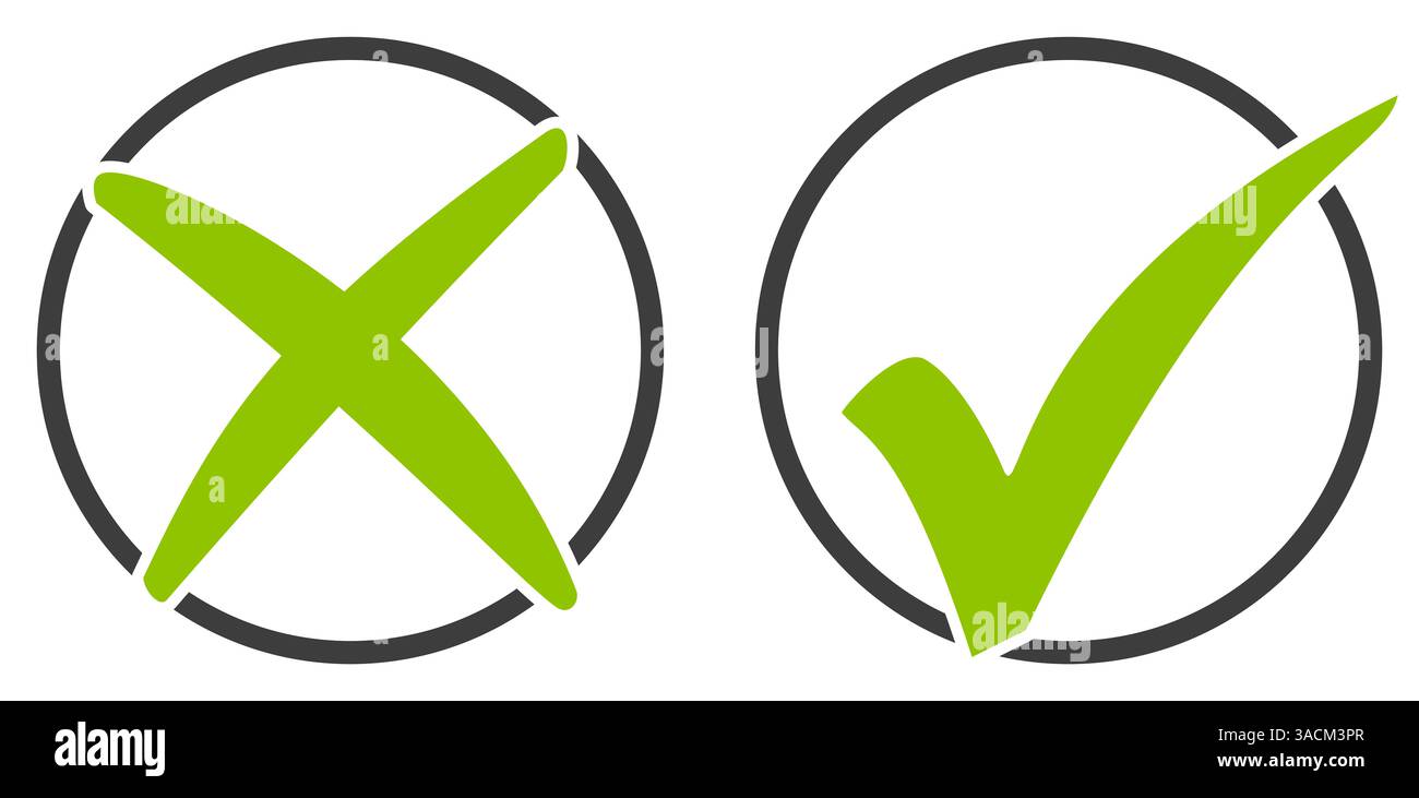 Isolated icons in a circle: green cross and green tick Stock Photo - Alamy