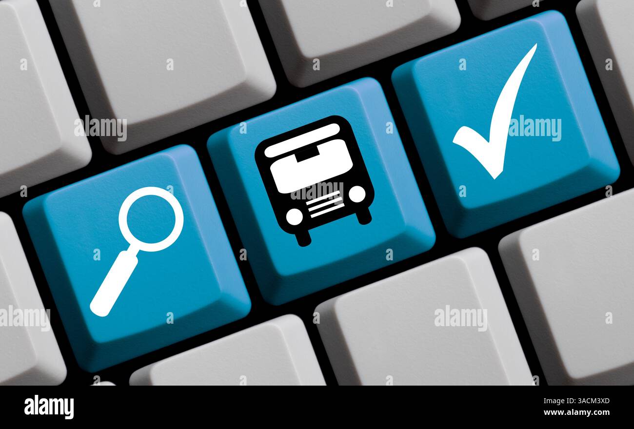 Symbols on blue computer keyboard: Search for bus Stock Photo - Alamy