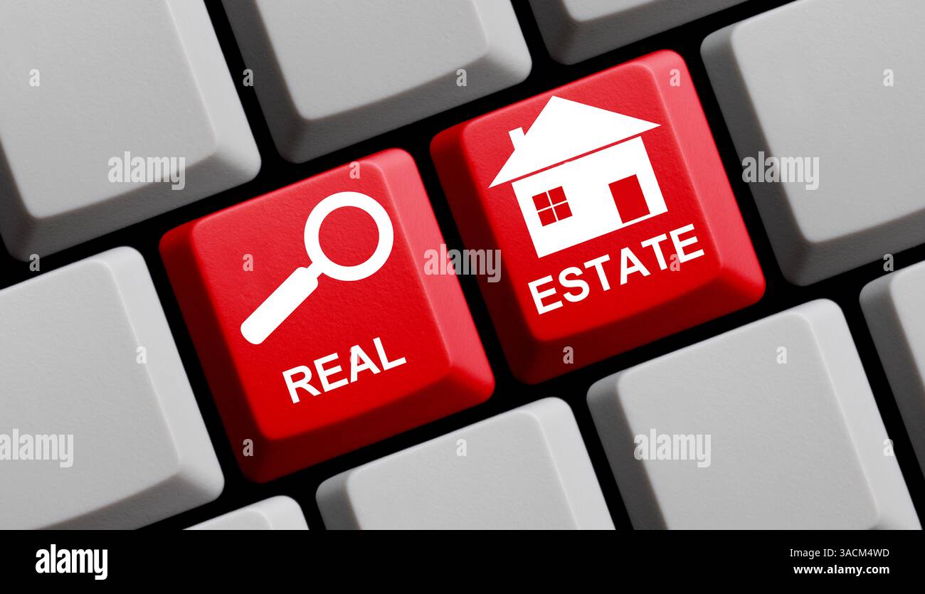 Red keyboard with symbols shows online Real Estate Stock Photo - Alamy