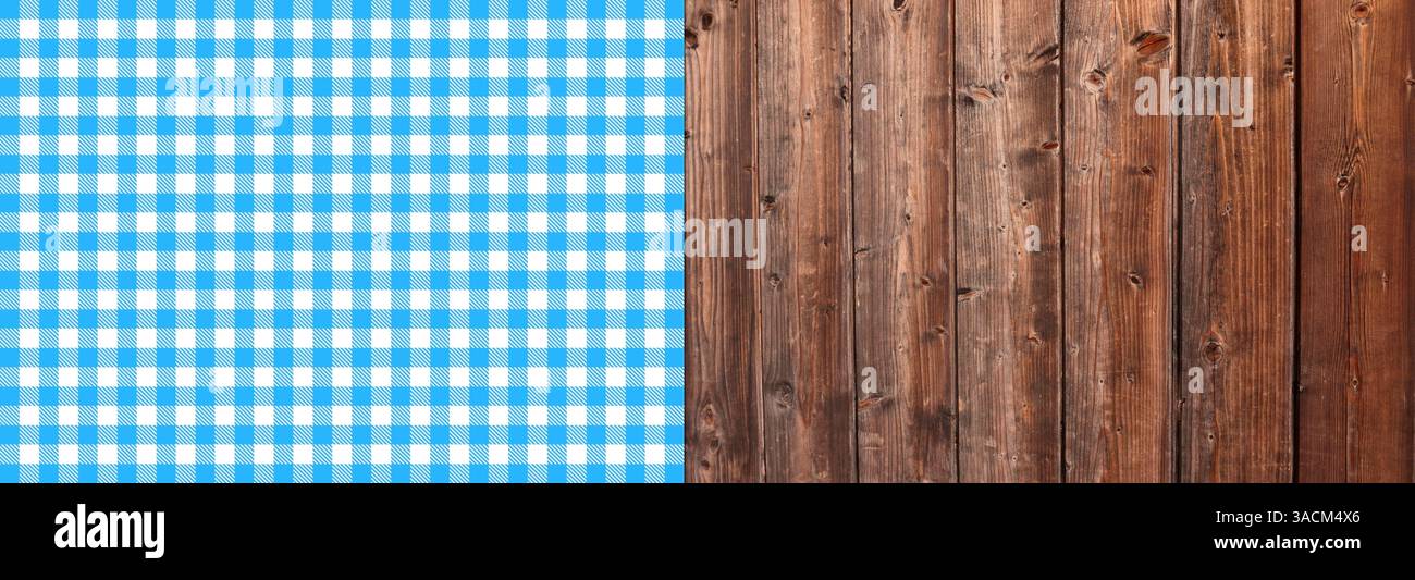 Texture with blue and white tablecloth and rustic wood background as a ...