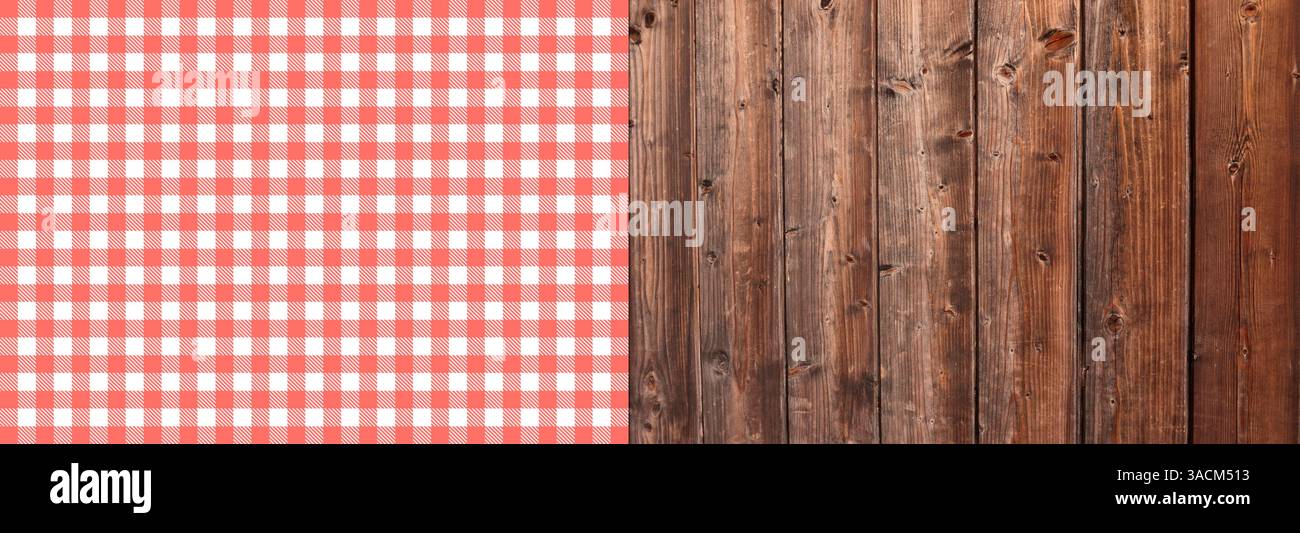 Texture with red and white tablecloth and rustic wood background as a ...