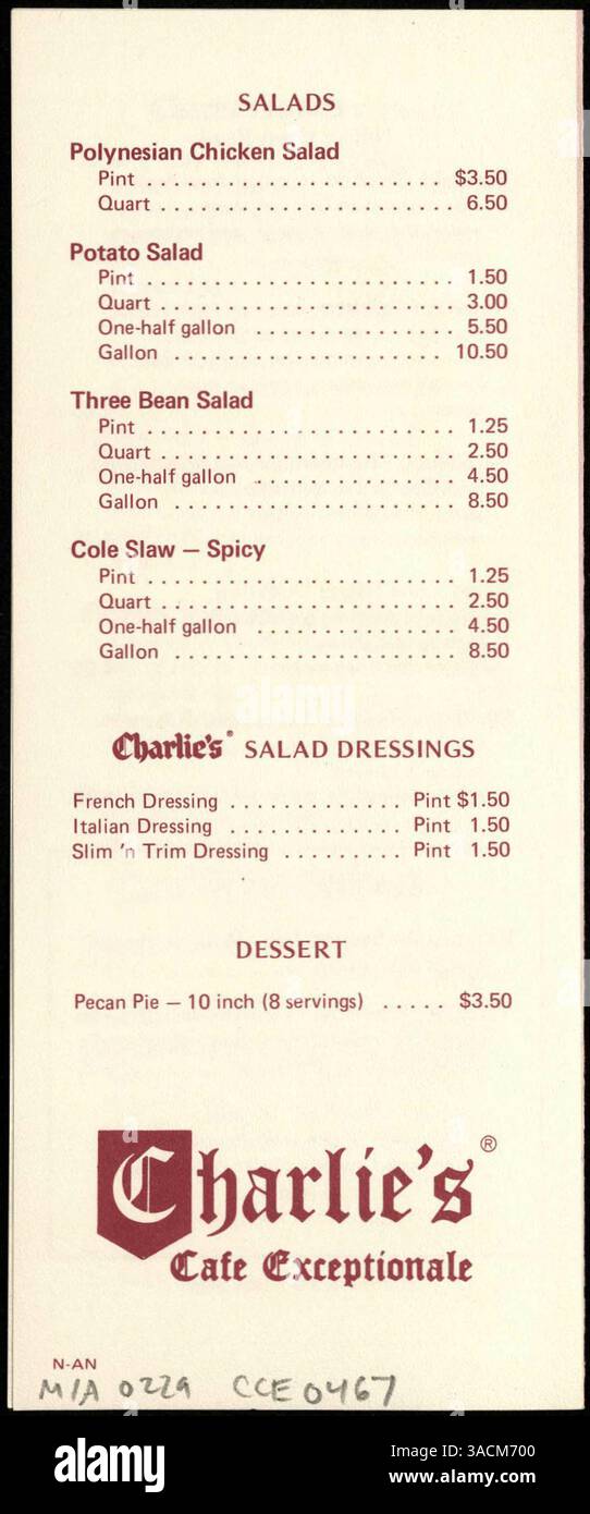A bi-fold menu from Charlie's Cafe Exceptionale in 1976, featuring ...