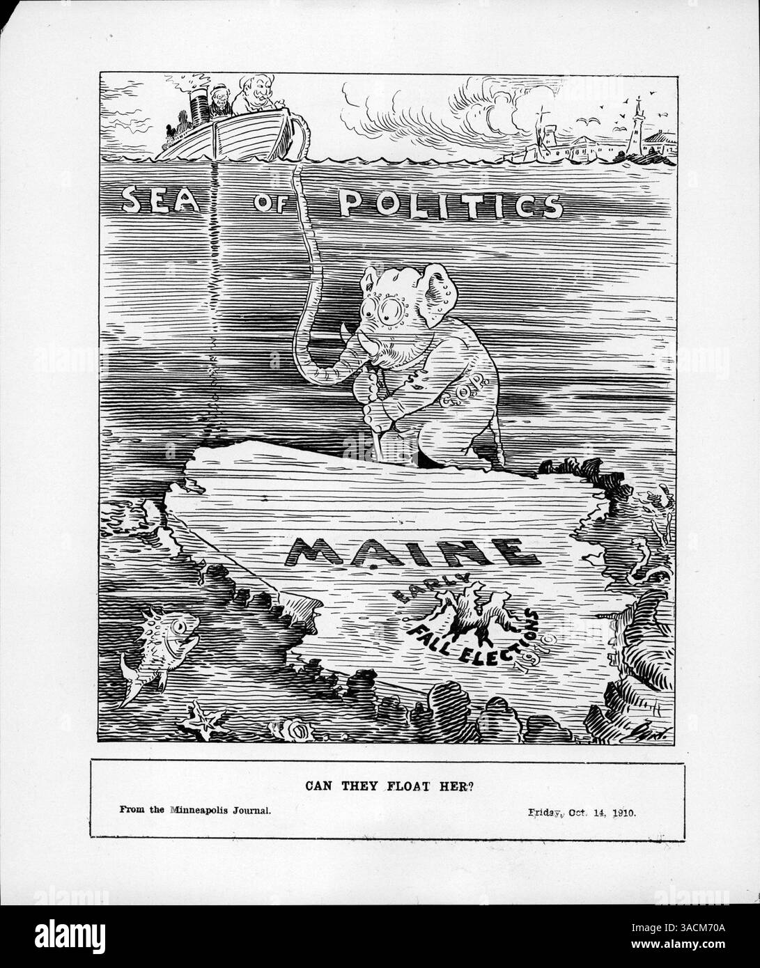 A political cartoon from 1910, depicting a large representation of ...