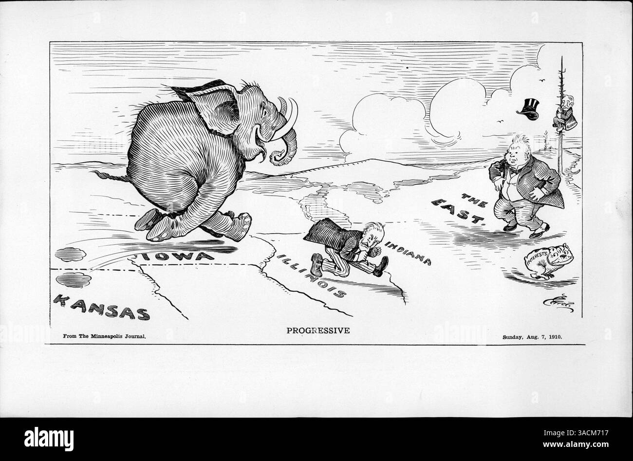A political cartoon showing an elephant running across Kansas, Iowa ...