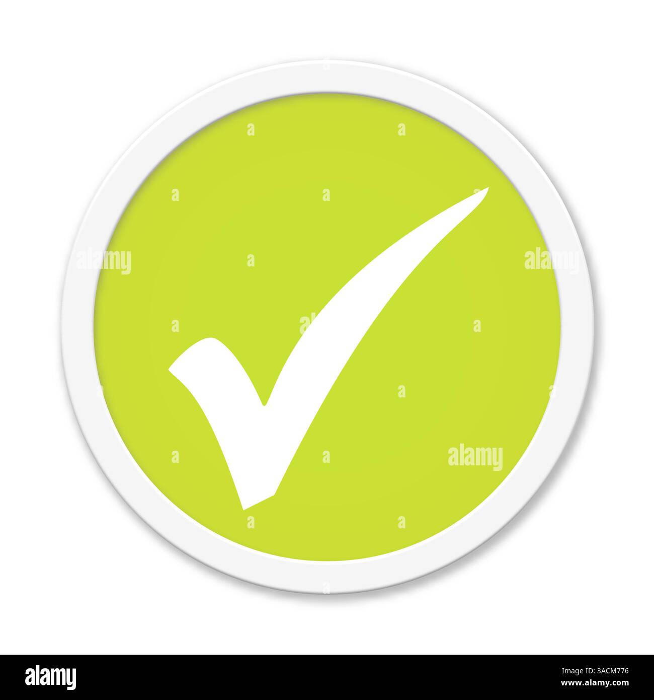 Round green button with white border: tick Stock Photo - Alamy