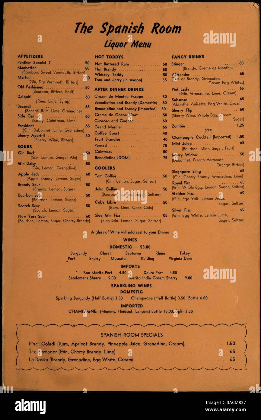 This 20th-century menu from the Spanish Room restaurant features a bi ...
