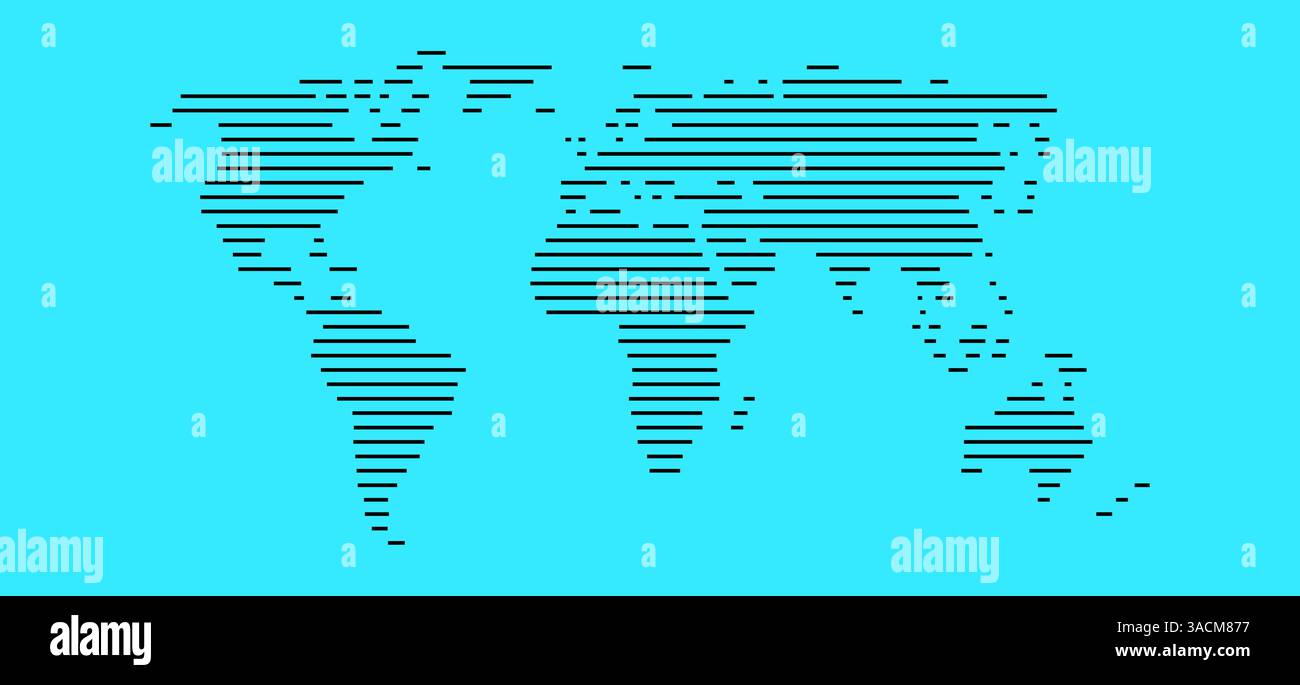 Minimalist world map with black stripes on a light blue background ...