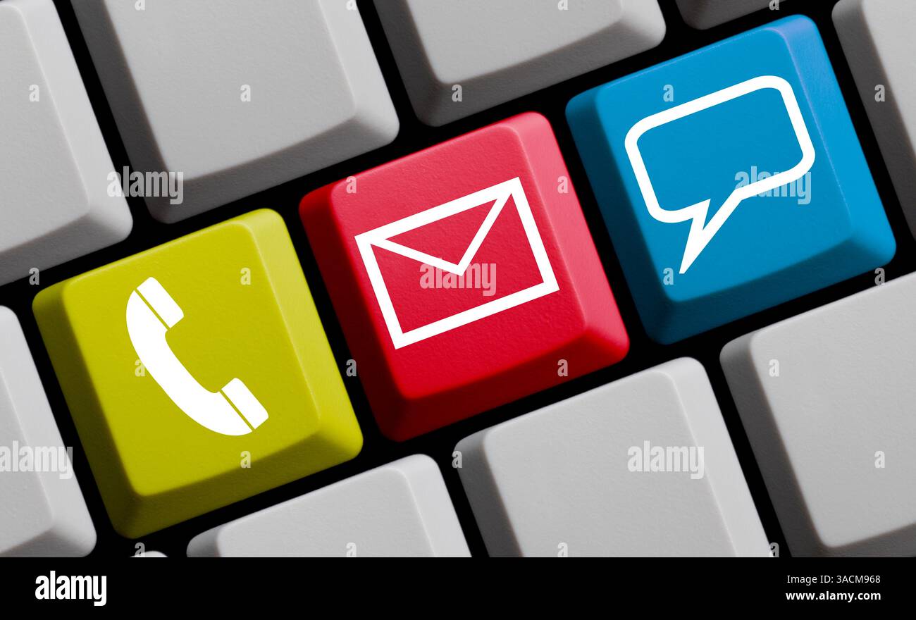 Contact by phone, e-mail or in person - symbols on colorful computer ...