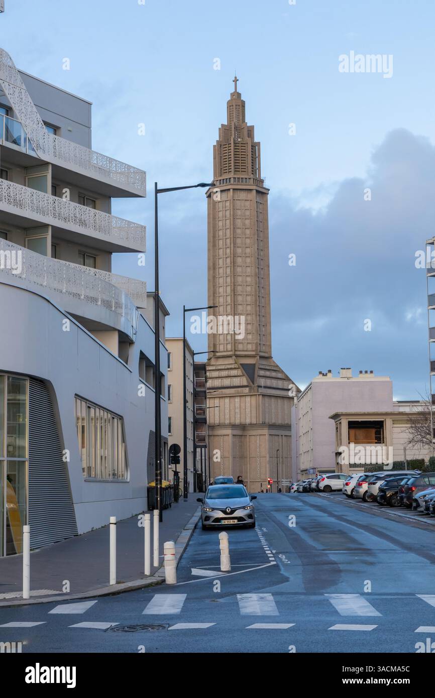 Le Havre, France, February 26 2025: Tower of St. Joseph Church in Le Havre, showcasing Auguste ...